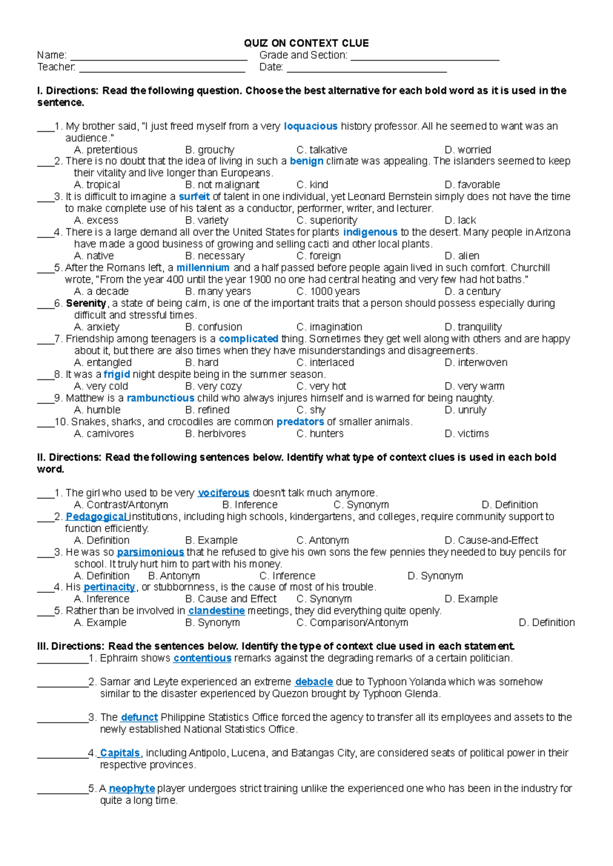 Q1W1 CONTEXT CLUES QUIZ: Vocabulary & Types of Clues - Studocu