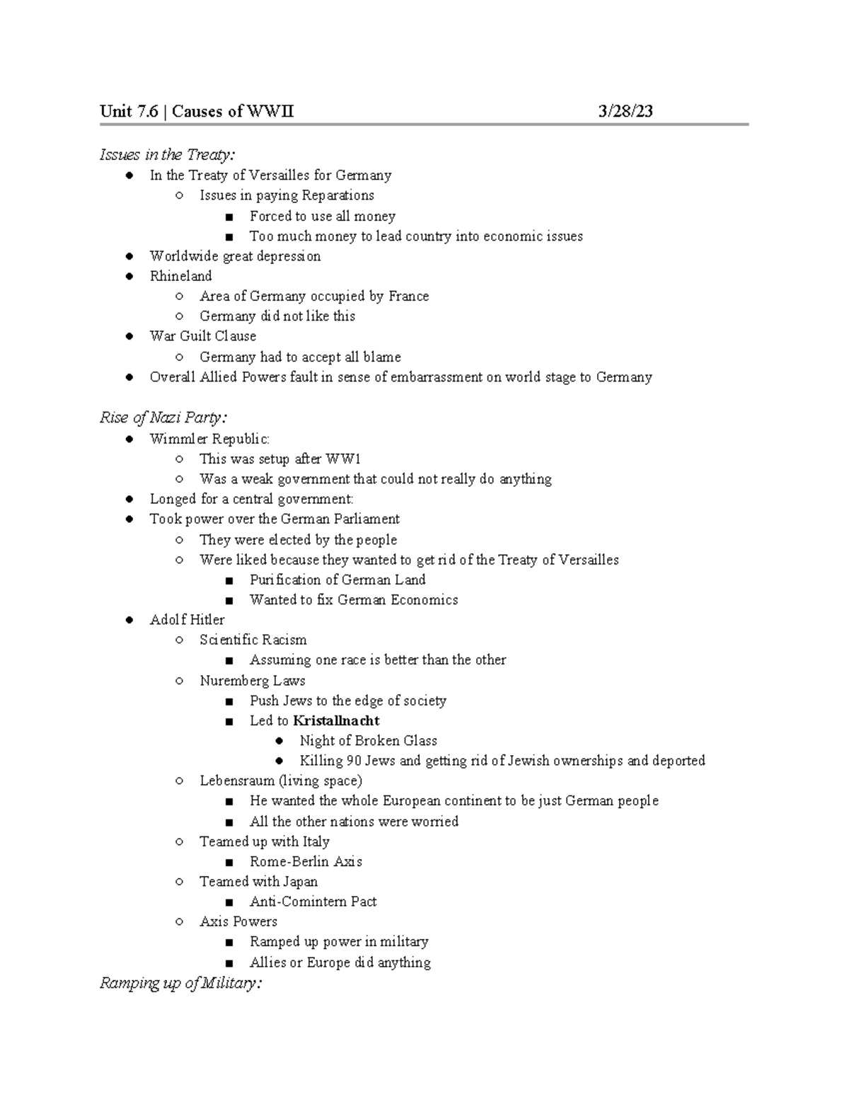Unit 7.6 Notes: Causes of WWII and the Rise of the Nazi Party - Studocu