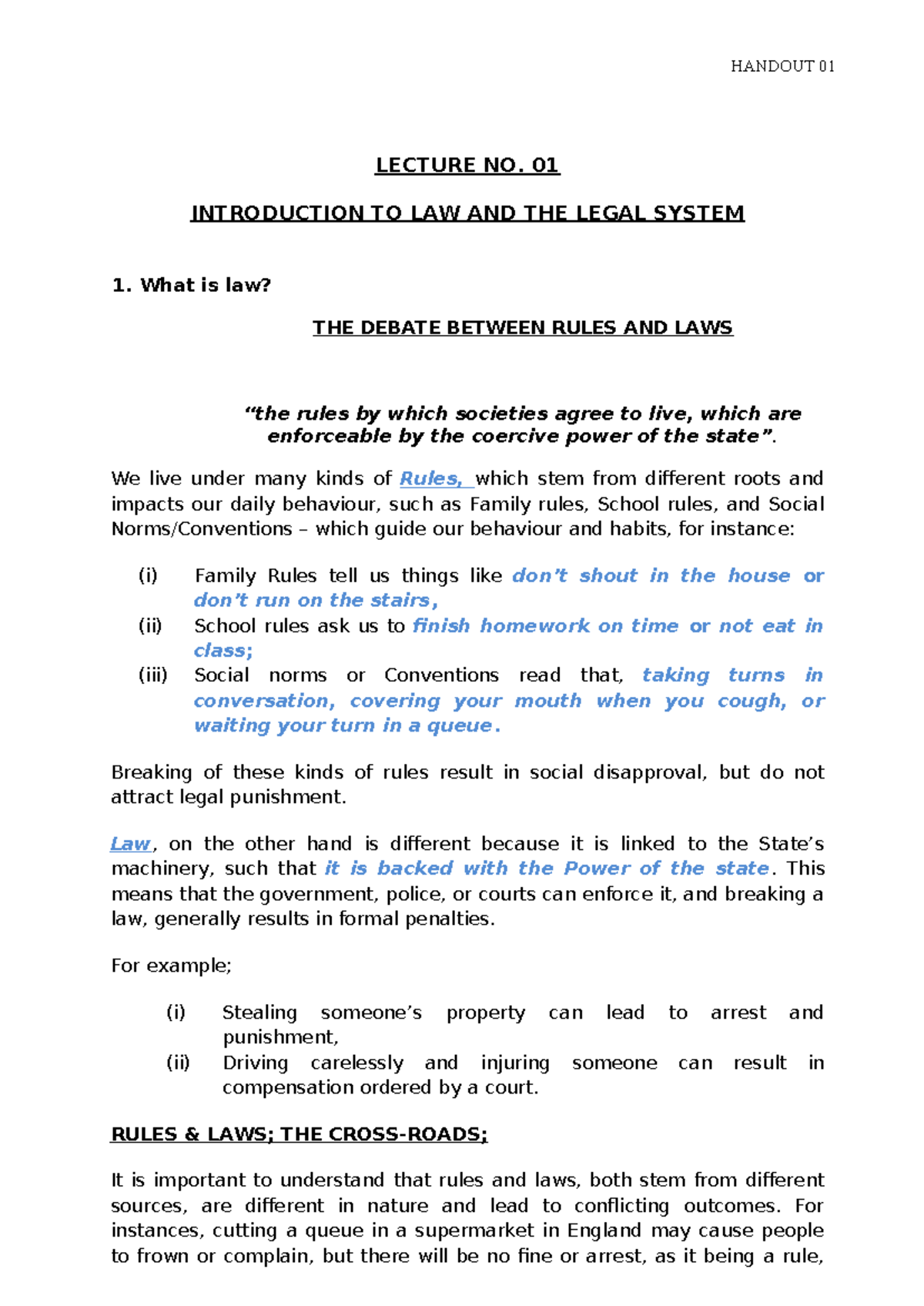 Introduction to Law - Handout 01: Legal System Overview - Studocu