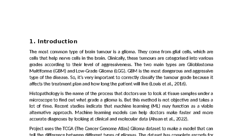 TCGA Technical Report: Machine Learning for Glioma Classification - Studocu