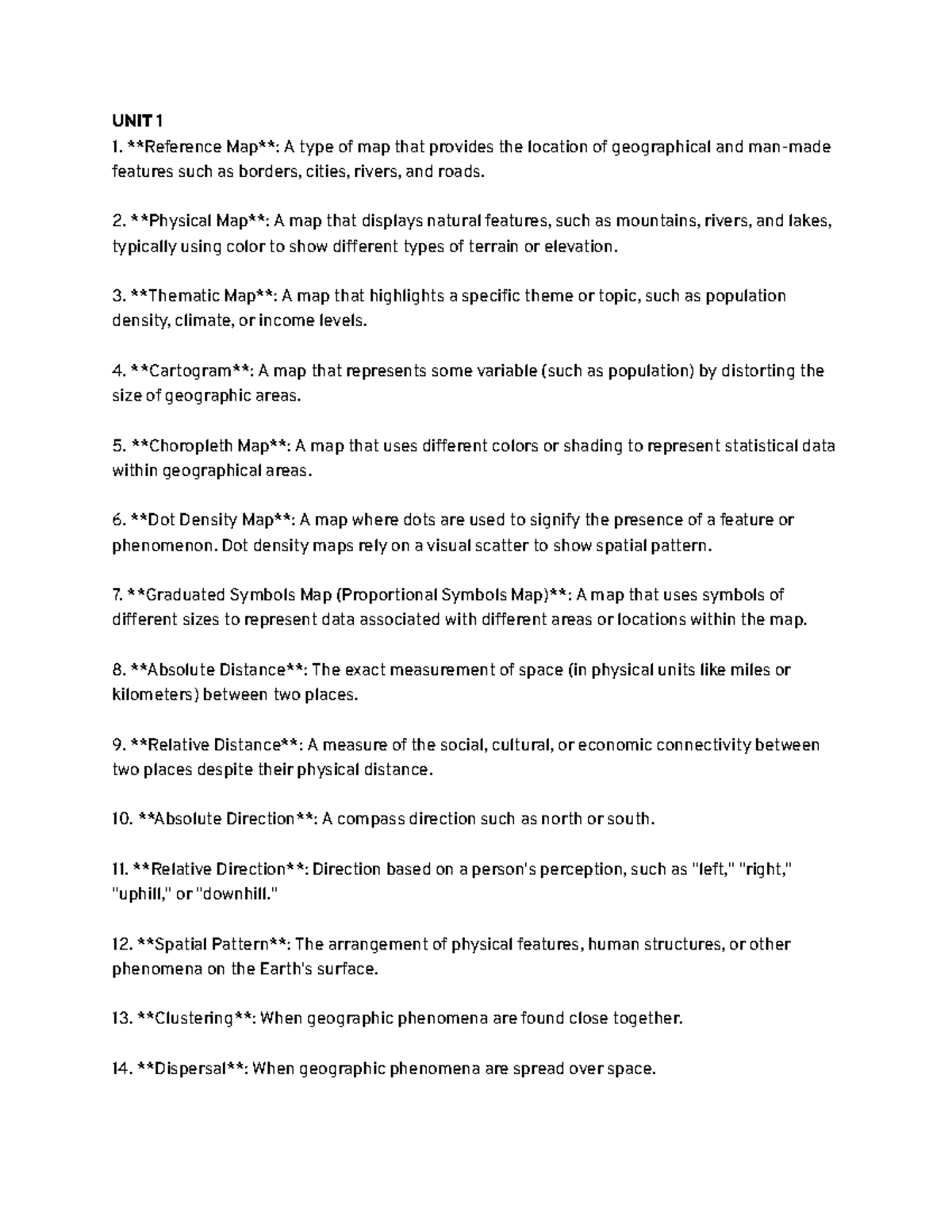 AP Human Geography – Unit 1 Vocabulary List - Studocu