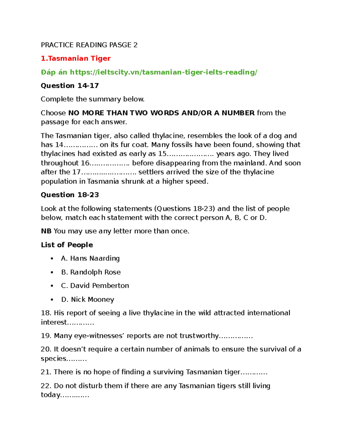 Practice Reading Passage 2: Tasmanian Tiger and Yawning Studies - Studocu