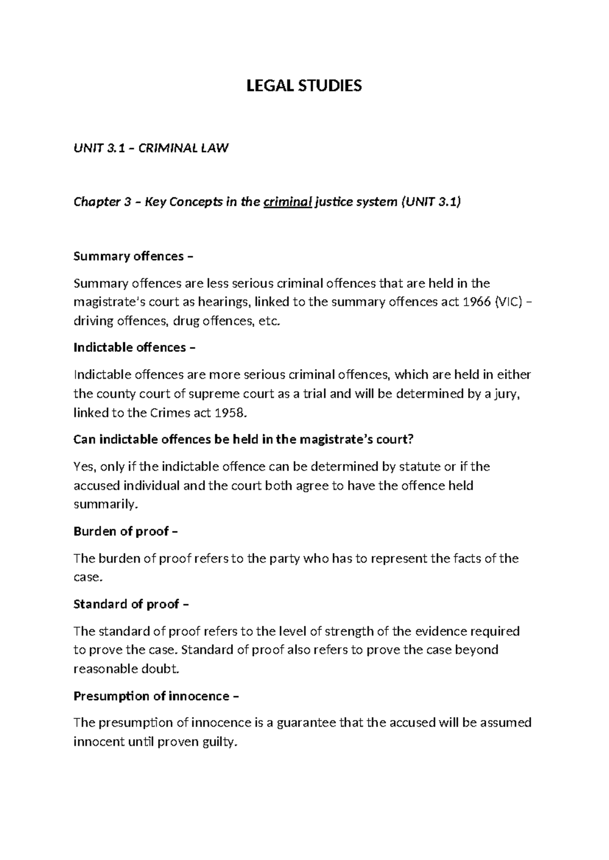 Legal Studies - LEGAL STUDIES UNIT 3 – CRIMINAL LAW Chapter 3 – Key ...
