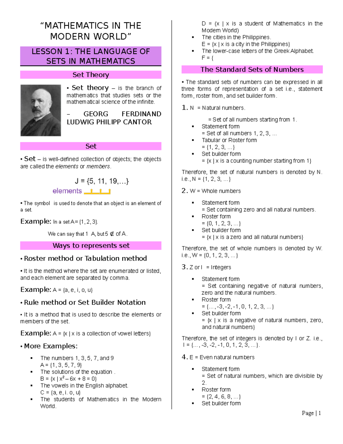 MMW- Midterms - “MATHEMATICS IN THE MODERN WORLD” LESSON 1: THE LANGUAGE OF SETS IN MATHEMATICS ...