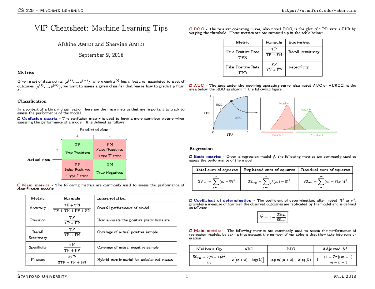 CS 229 Final Exam Cheatsheet: Essential ML Metrics and Techniques - Studocu