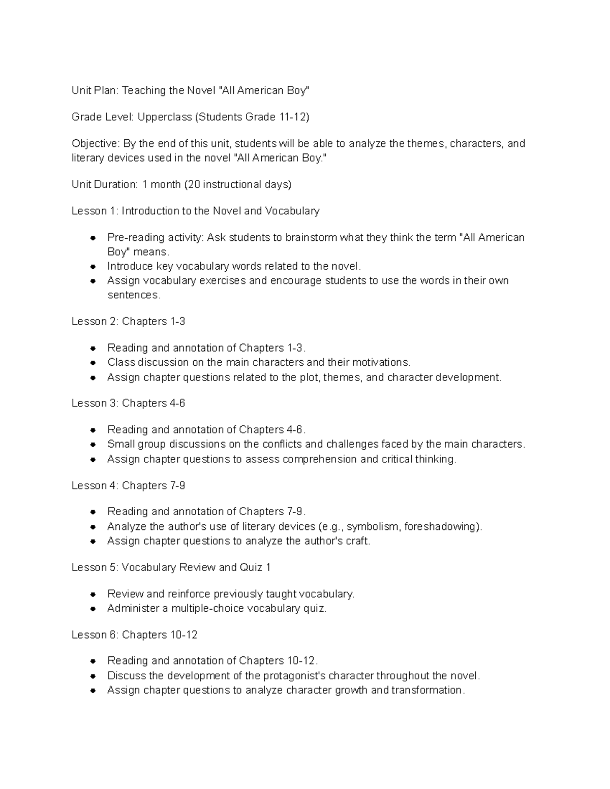 Unit Plan: Teaching "All American Boy" - Grades 11-12 Overview - Studocu