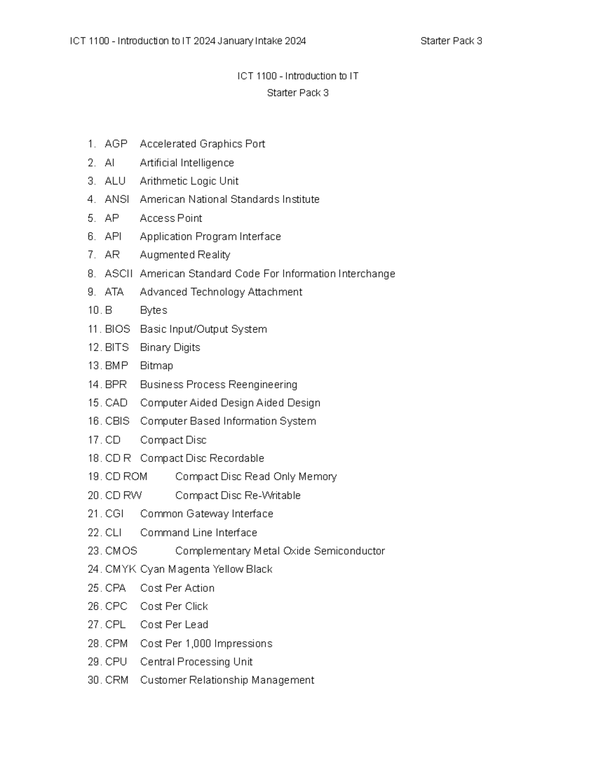 ICT 1100 2024 - Starter Pack 3 Abbreviations - ICT 1100 - Introduction ...