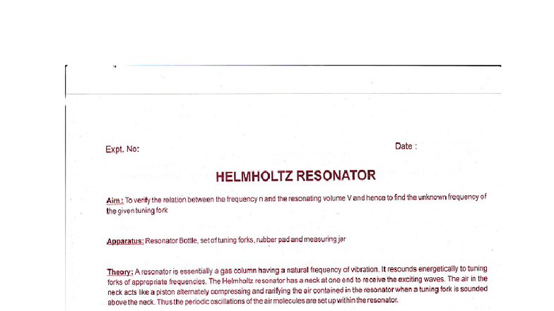 Helmholtz Resonator Experiment: Frequency & Volume Relation - Studocu