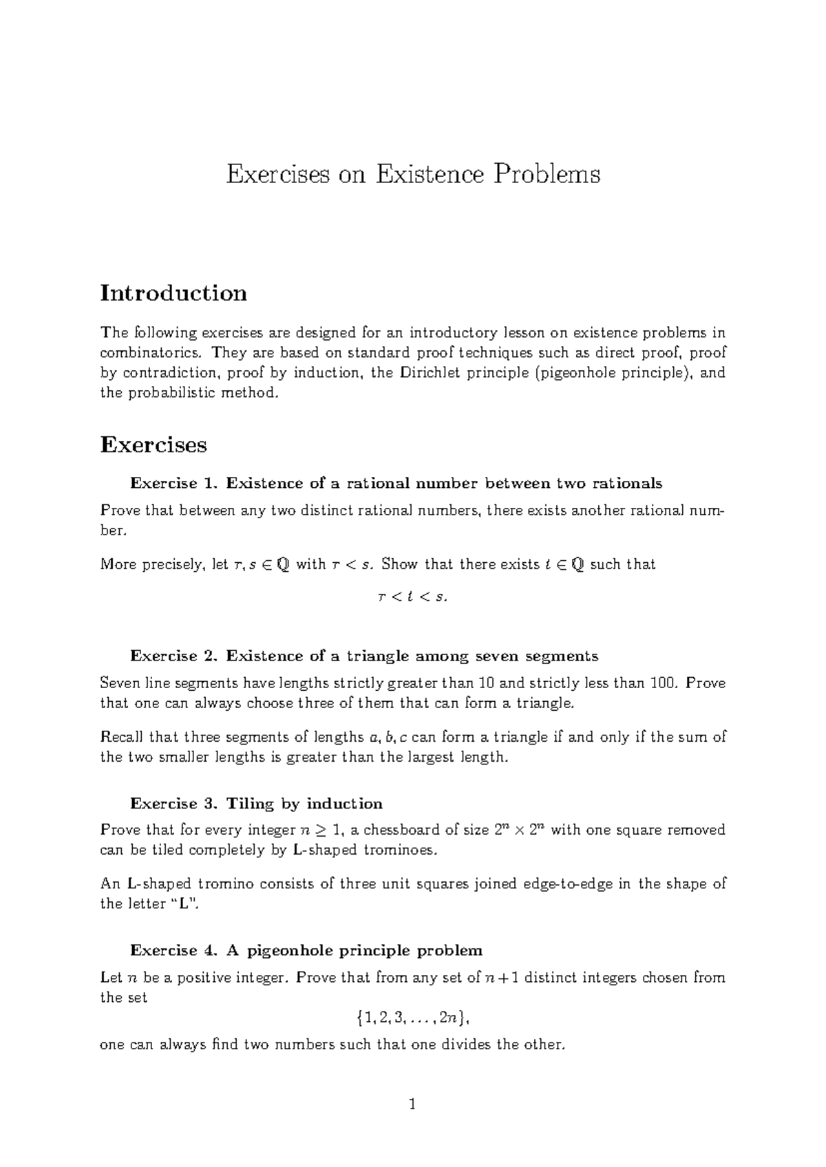 Discrete Math 1 - Exercises on Existence Problems - Studocu