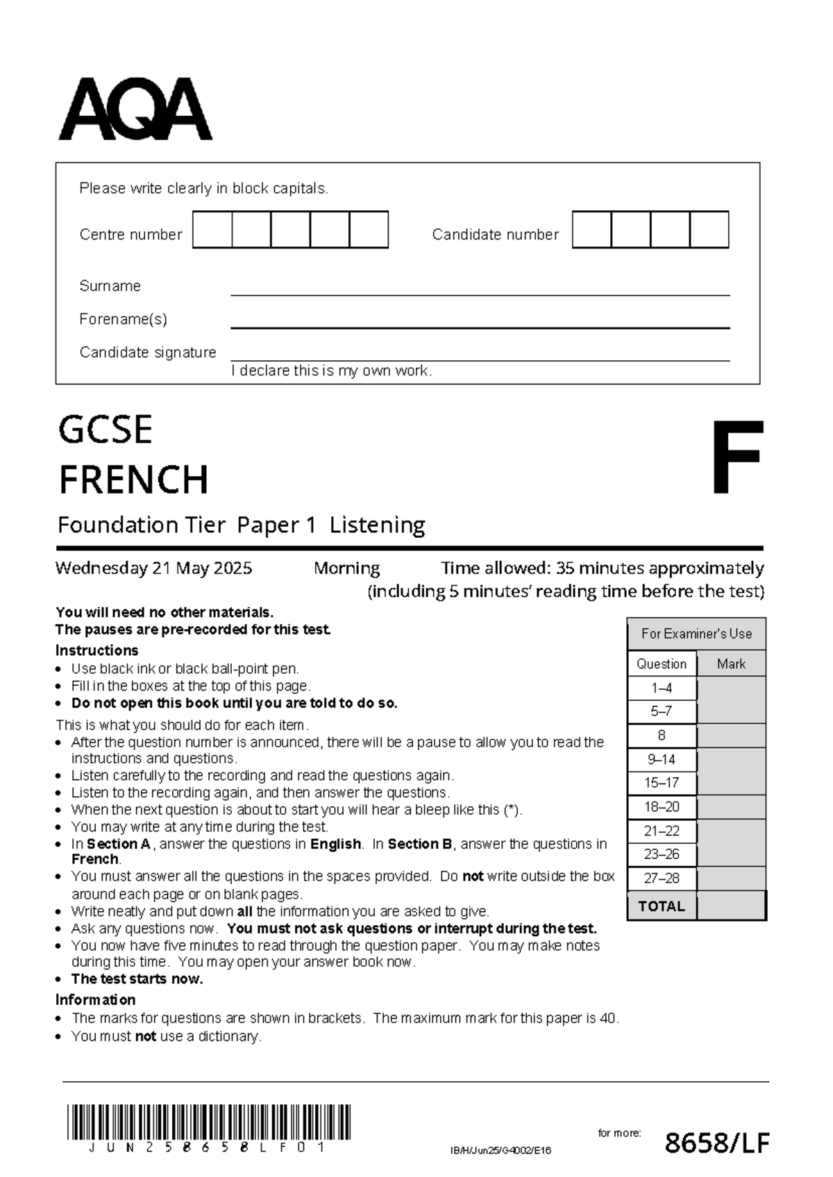 AQA GCSE FRENCH FDN Paper 1 Listening Exam 2025 - Studocu
