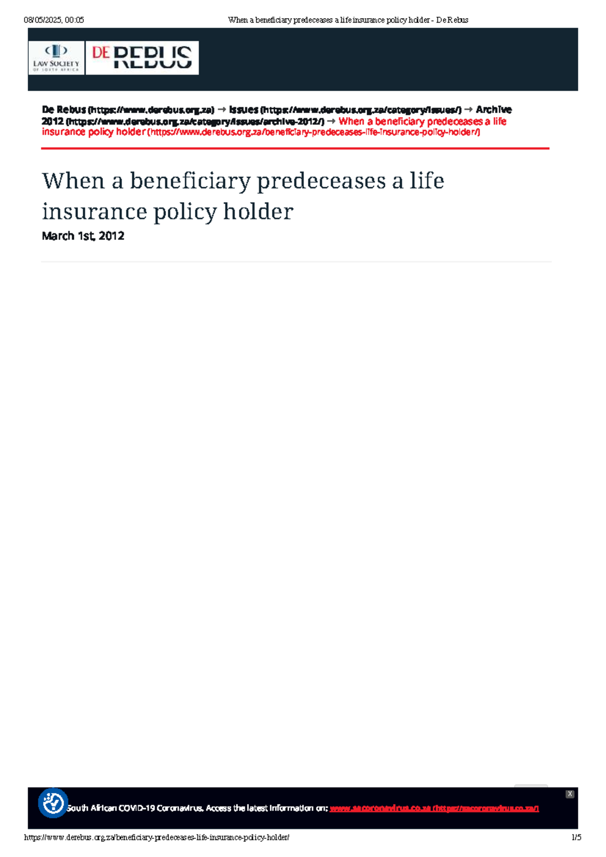 SCA Case Study: Beneficiary Predeceasing Life Insured - De Rebus 2012 ...