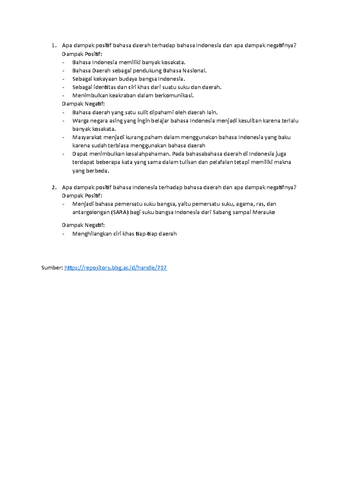 Tugas Pertemuan 1 - Dampak Bahasa Indonesia Terhadap Bahasa Daerah - Studocu