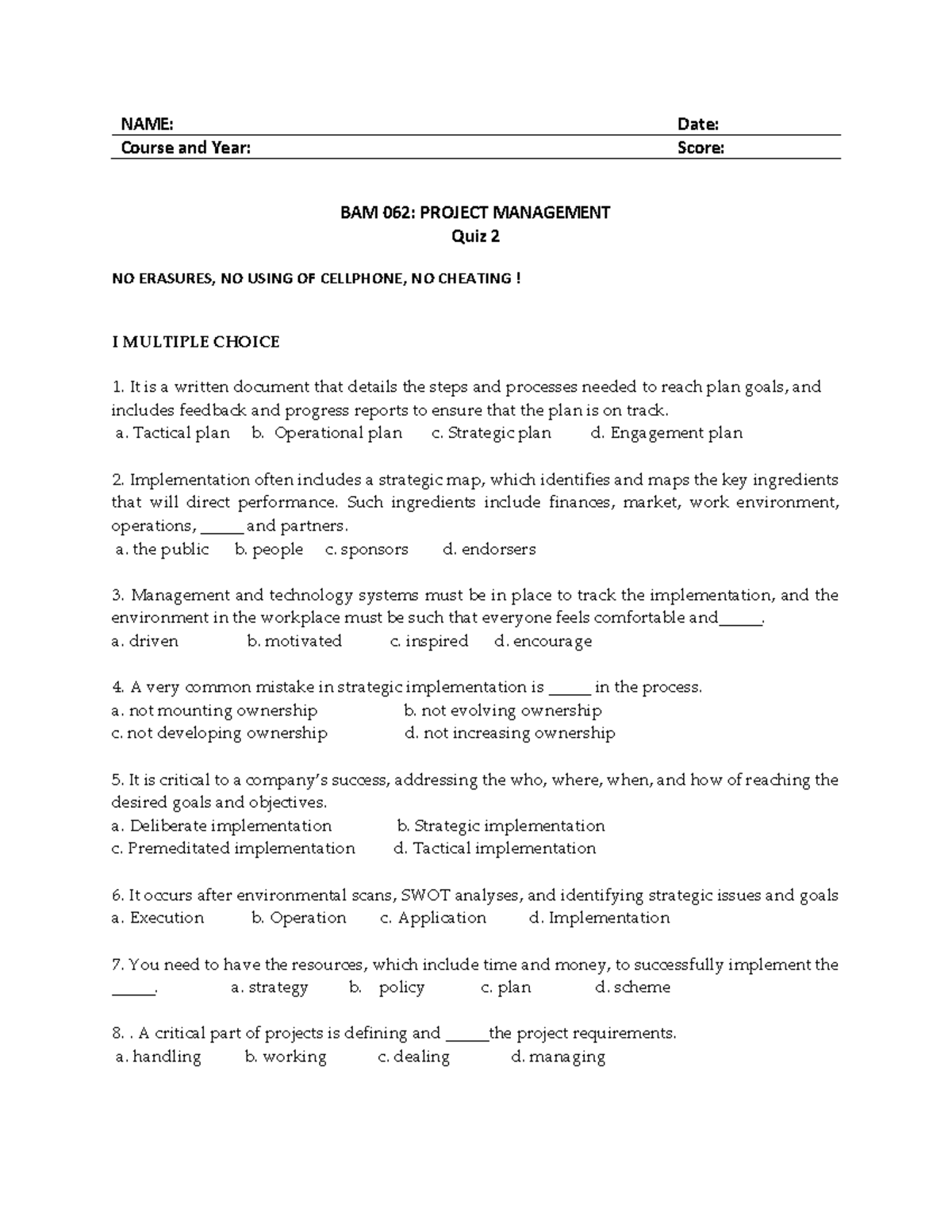 Quiz 2: BAM 062 Project Management Essentials - Studocu