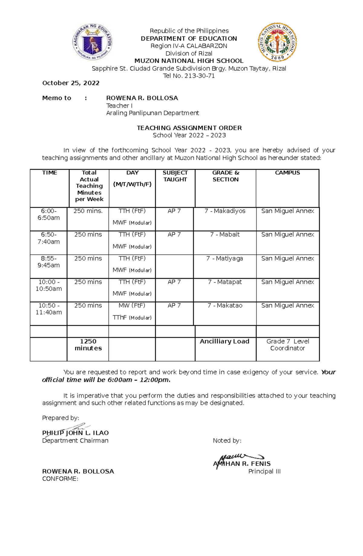 Teaching Assignment Order for Rowena R. Bollosa - SY 2022-2023 - Studocu