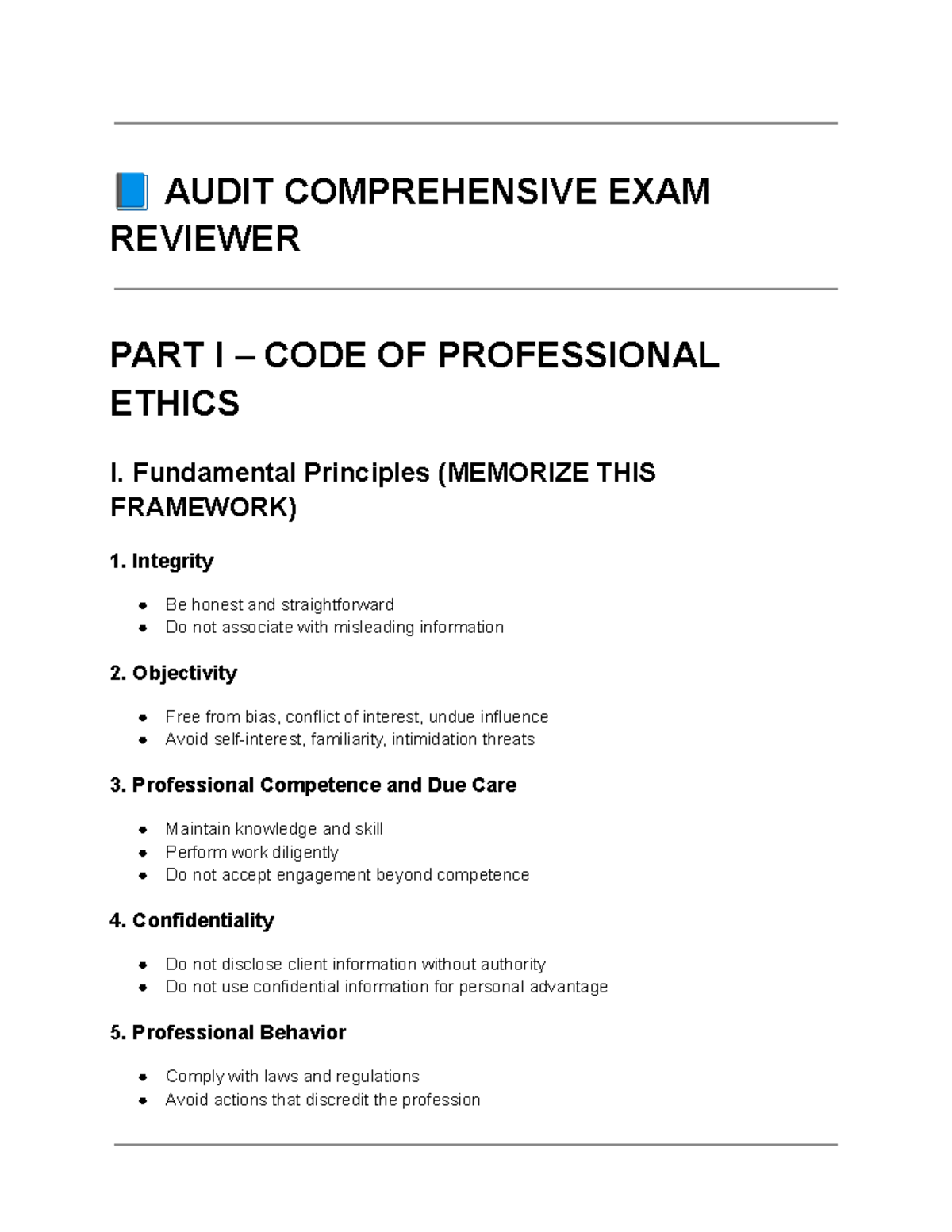 AUDIT 101: Comprehensive Exam Reviewer on Ethics & Evidence - Studocu