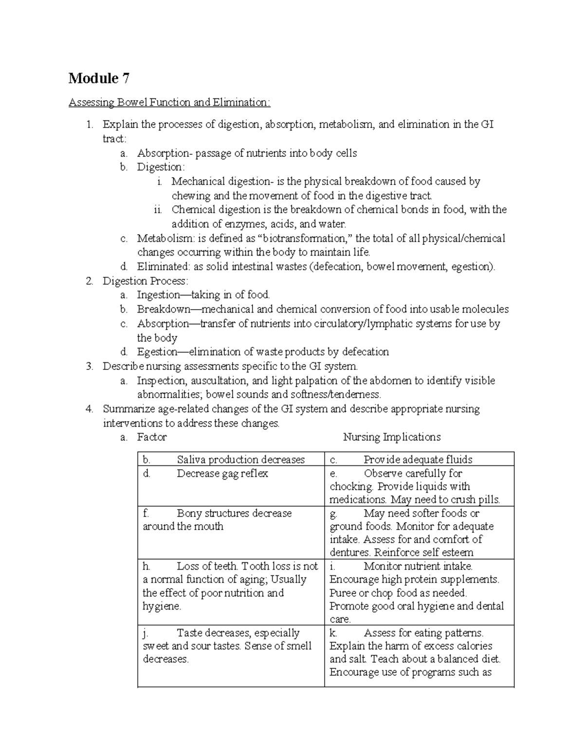 Study Guide Module 7 - GI system - Module 7 Assessing Bowel Function ...