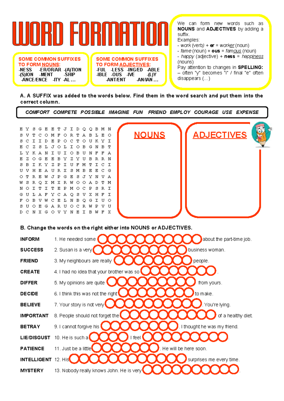 Word Formation: Suffixes for Nouns & Adjectives - Grammar Drills 83284 ...