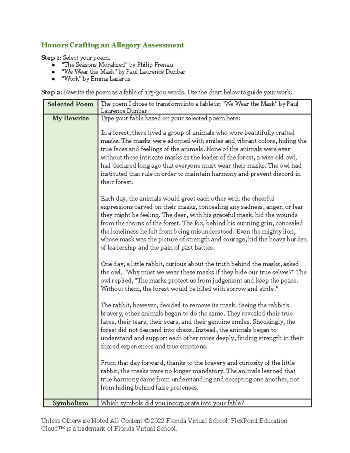 Honors crafting an allegory assess rubric - Honors Crafting an Allegory ...
