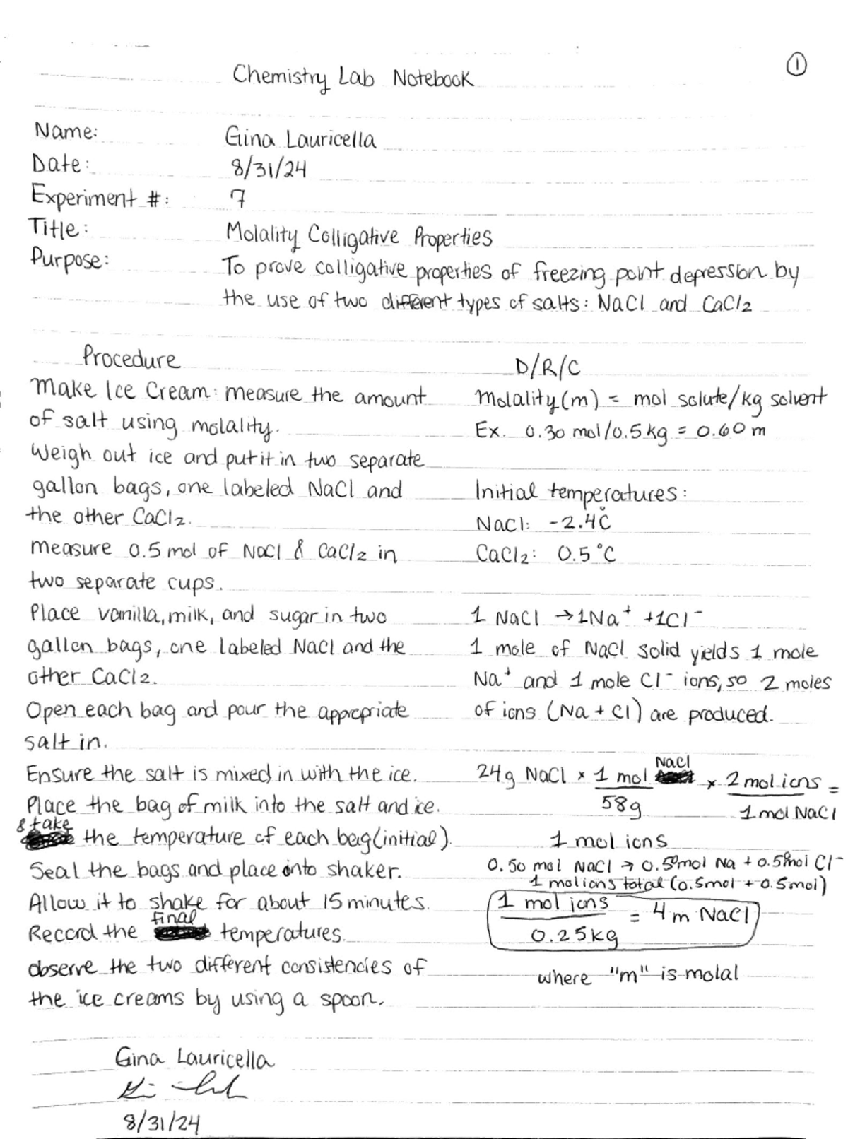 Lab Experiment 7 - I Chemistry Lab Notebook Name: Gina Lauricella Date ...