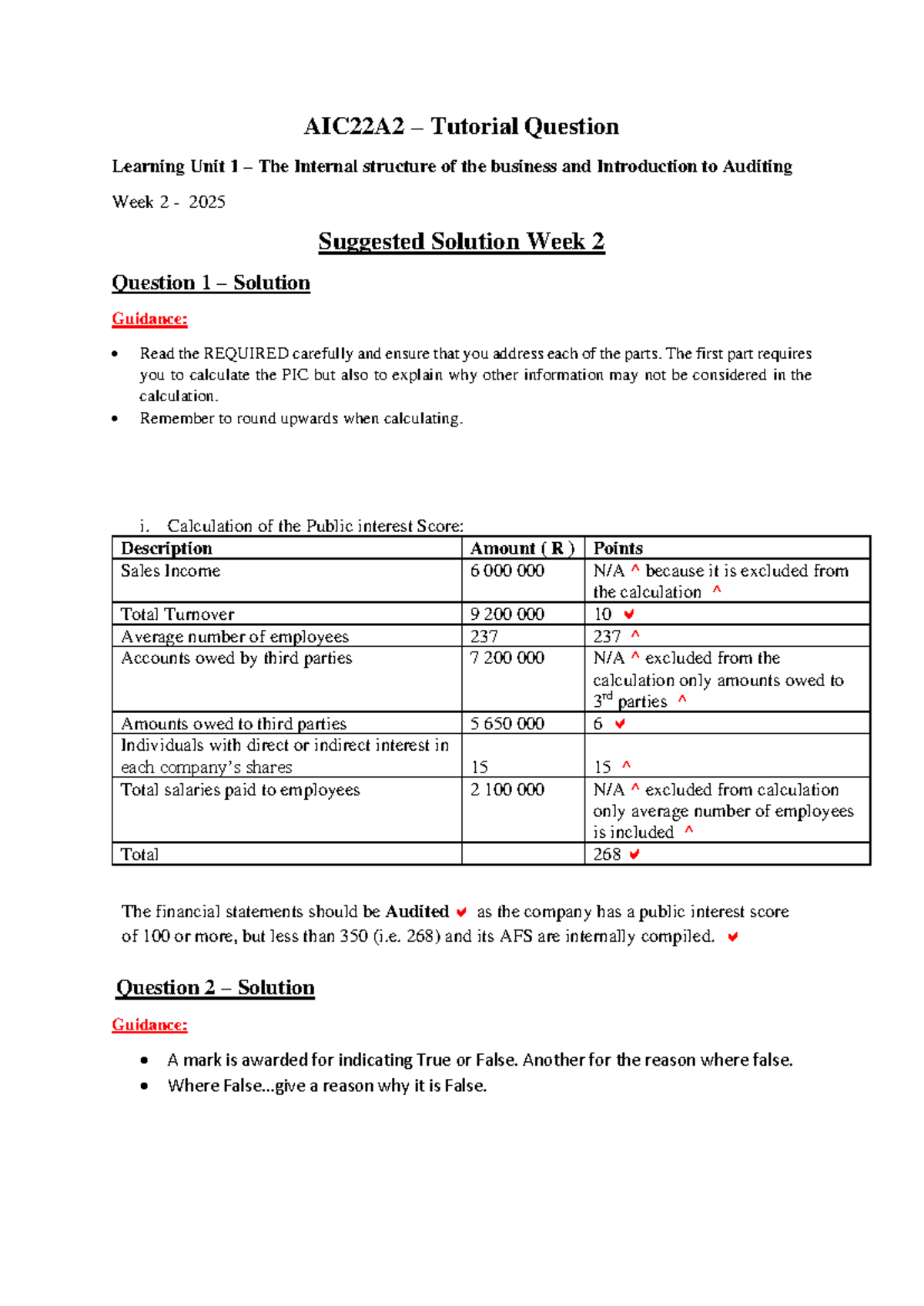 AIC22A2 Tutorial Memo - Week 2 Solutions for Unit 1 Auditing - Studocu