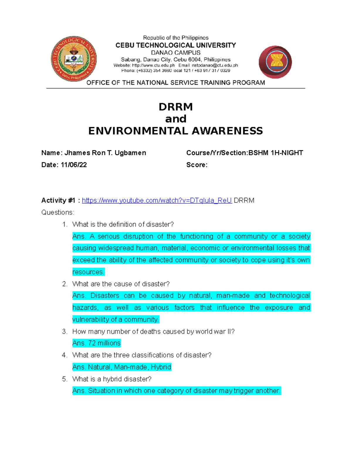 Activity #4 DRRM and Environmental Awareness - DRRM and ENVIRONMENTAL ...