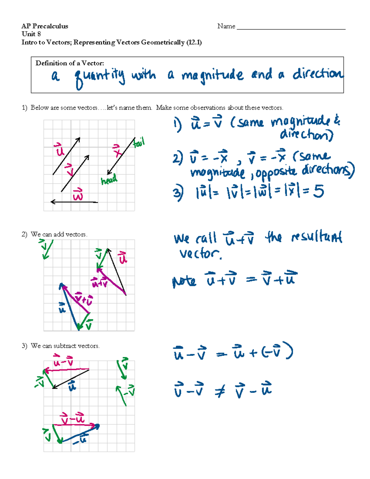 1.26 Notes(1) - Intro to Vectors Representing Vectors Geometrically ...