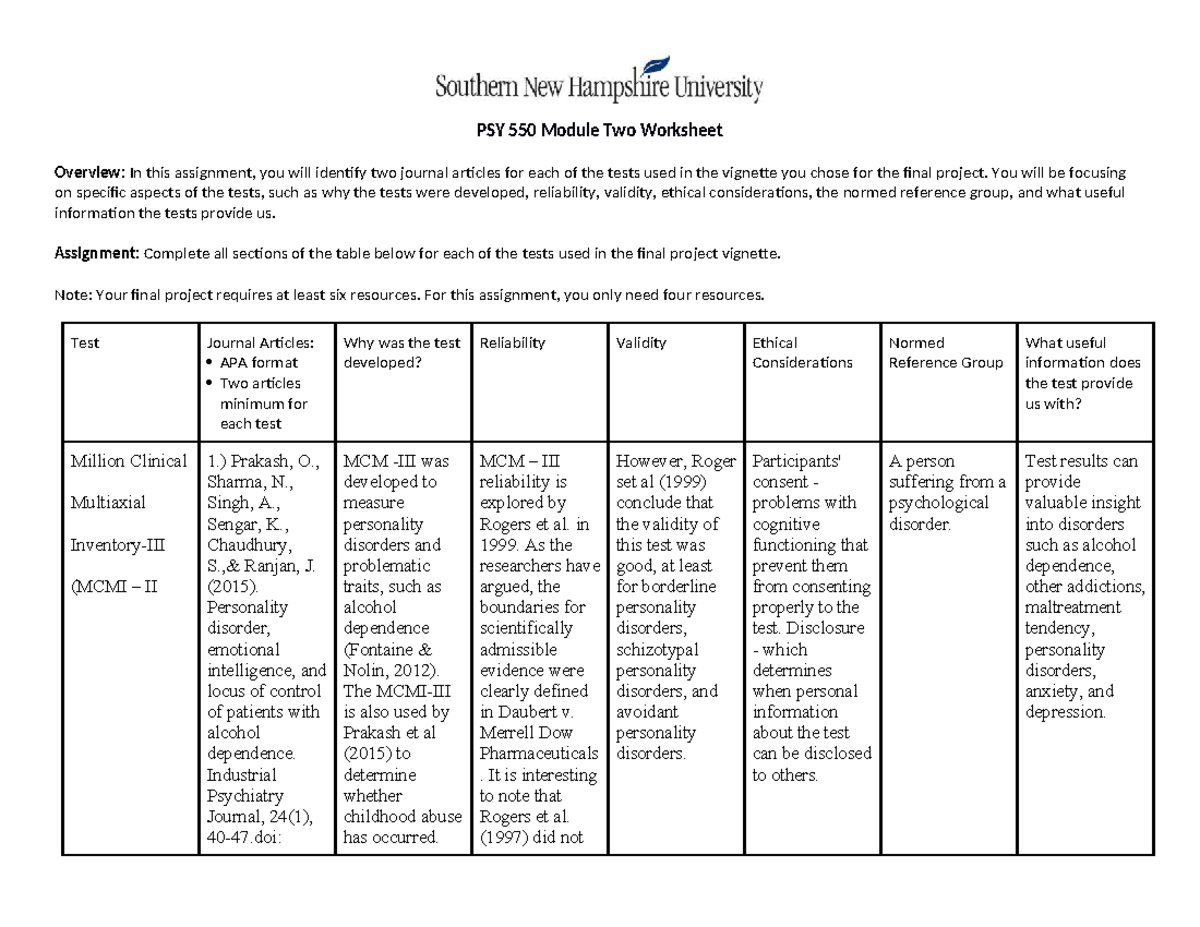 Matthew Tennant's PSY550 Week 2 Module 2-2 Worksheet Test Data ...