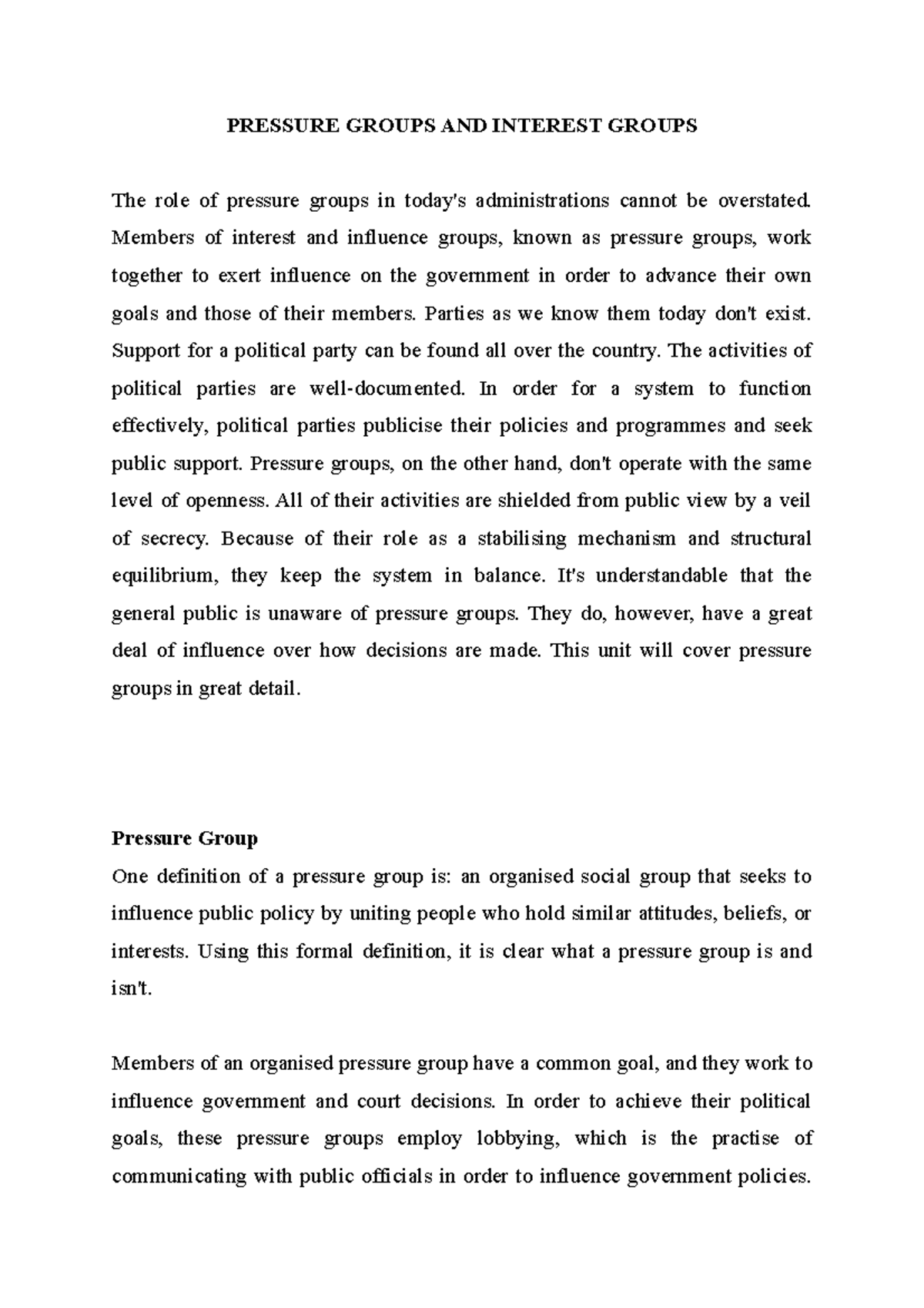 Pressure Groups and Interest Groups: Roles and Characteristics ...