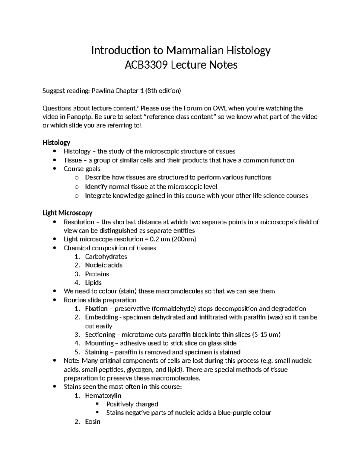 ACB3309 Introduction to Mammalian Histology Lecture Notes - Studocu