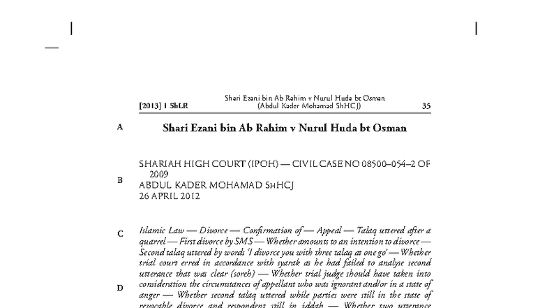 ShLR 1: Shari Ezani bin Ab Rahim v Nurul Huda bt Osman - Divorce Appeal ...