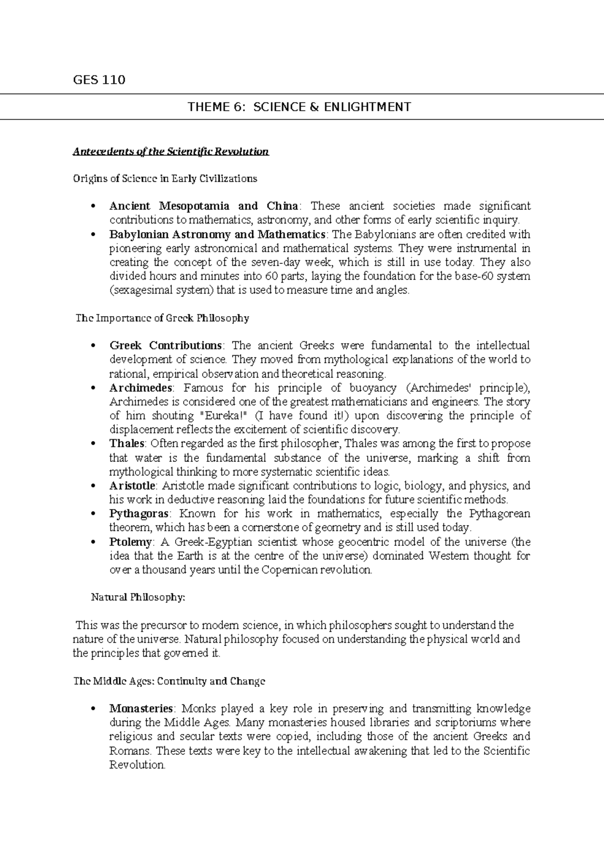 GES 110 Theme 6: The Scientific Revolution and Enlightenment Notes ...