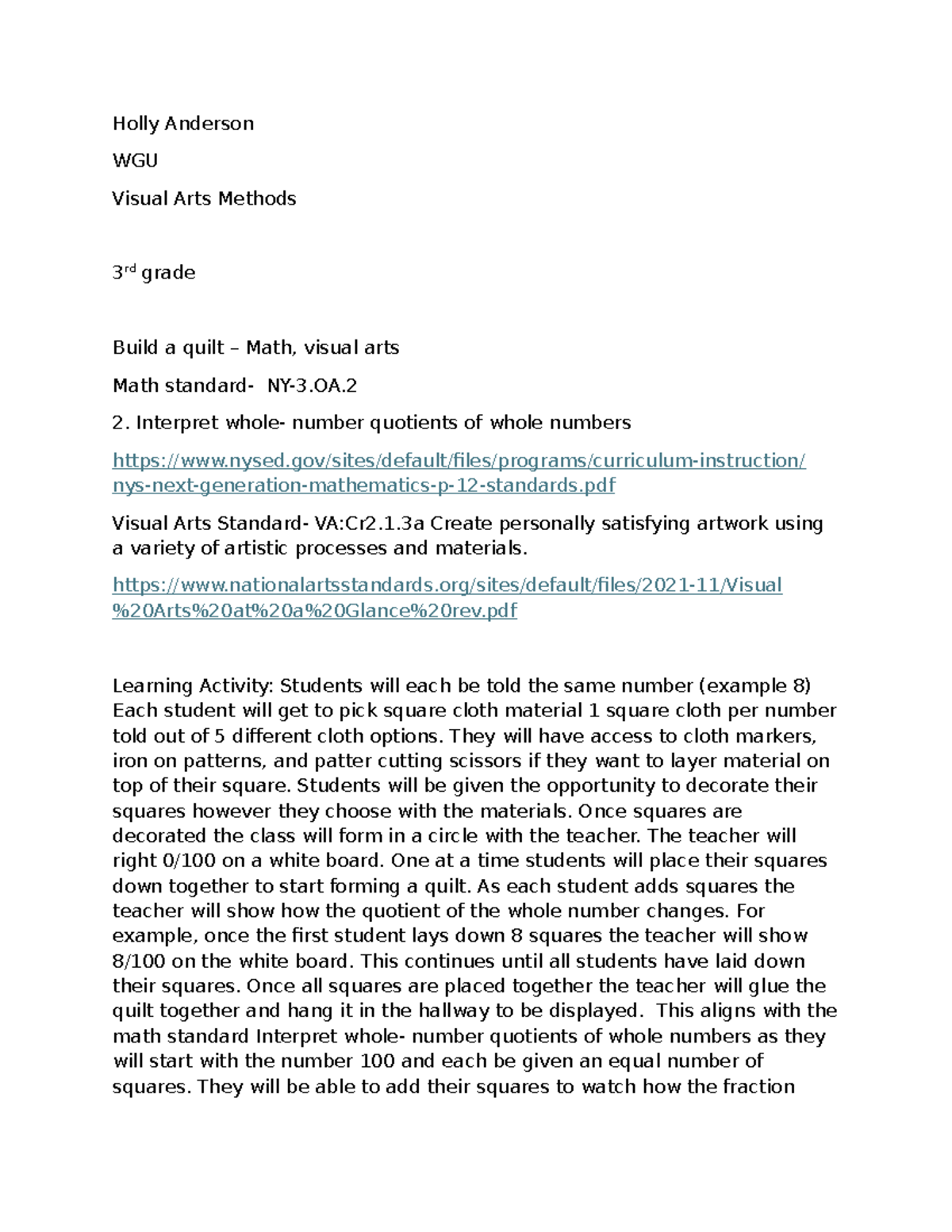 Visual Arts Methods - Creative Learning Tasks for 3rd Grade - Studocu