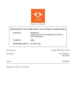 MATE1A1 - engineering mathematics 1a past paper - MATE1A1, MATHEMATICS FOR A BACHELOR OF - Studocu