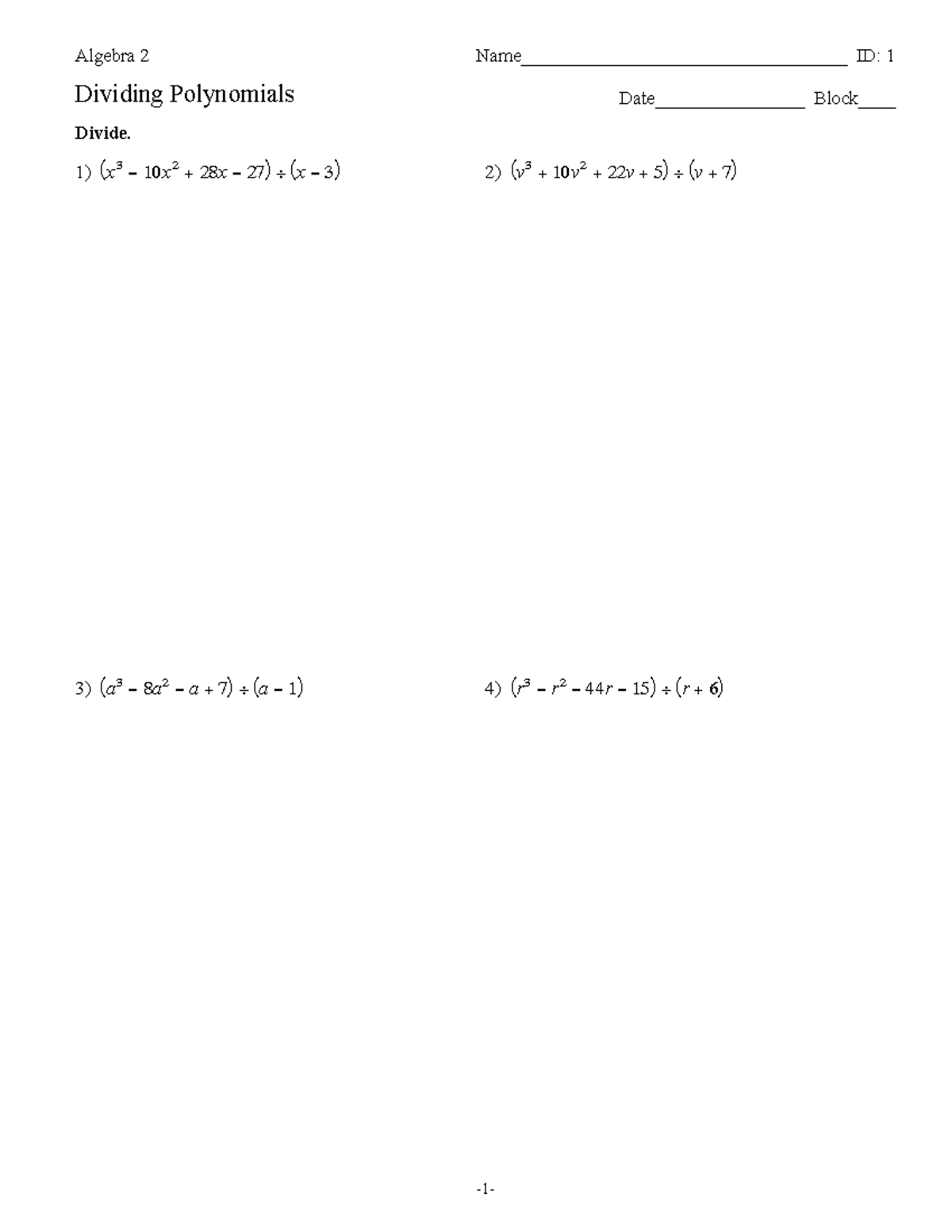 Algebra 2: Dividing Polynomials Practice Worksheet - Studocu