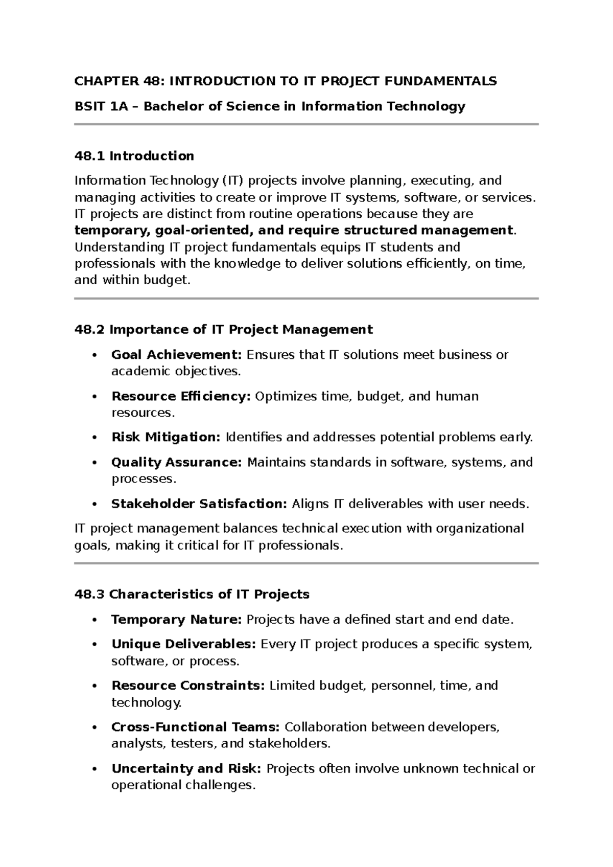Chapter 48: IT Project Fundamentals Overview - BSIT 1A - Studocu