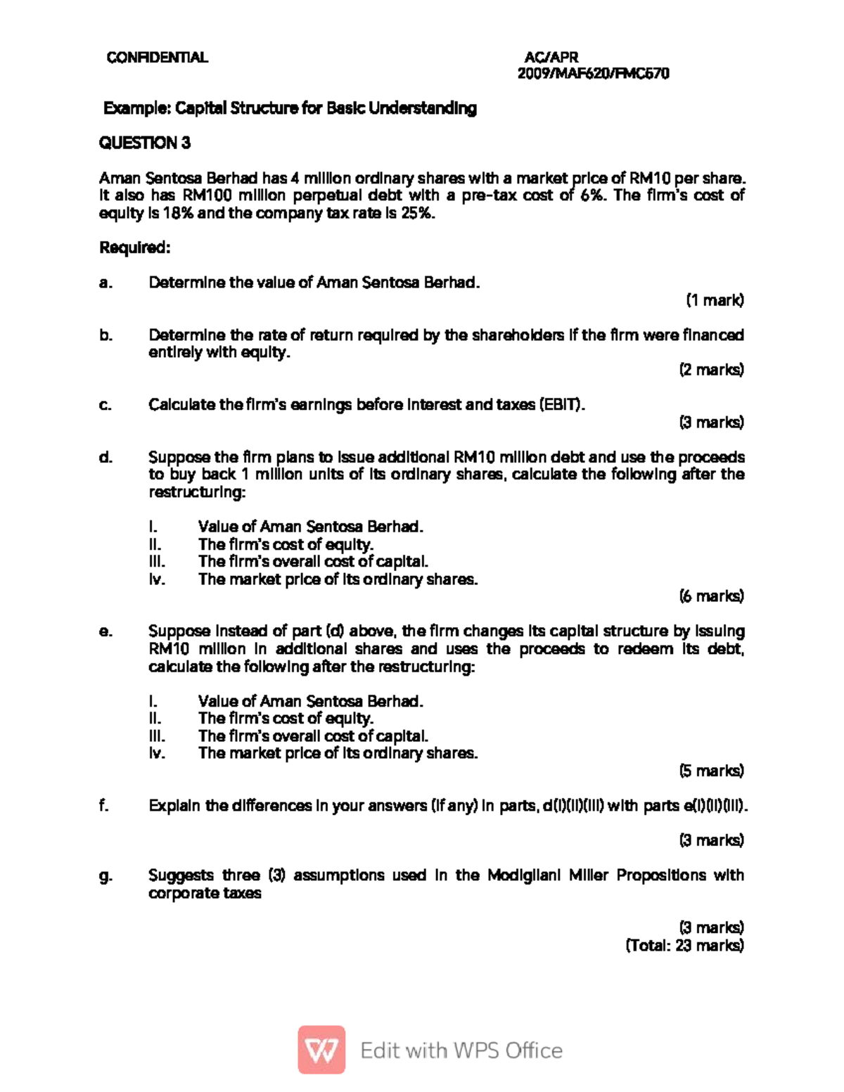 MAF620 Capital Structure Analysis: Example & Solutions - Studocu