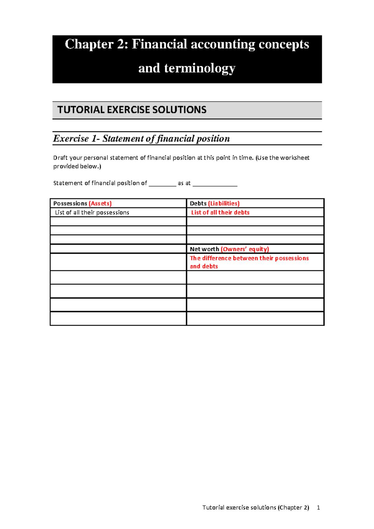 Chapter 2 Tutorial Exercise Solutions - Financial Accounting Concepts ...
