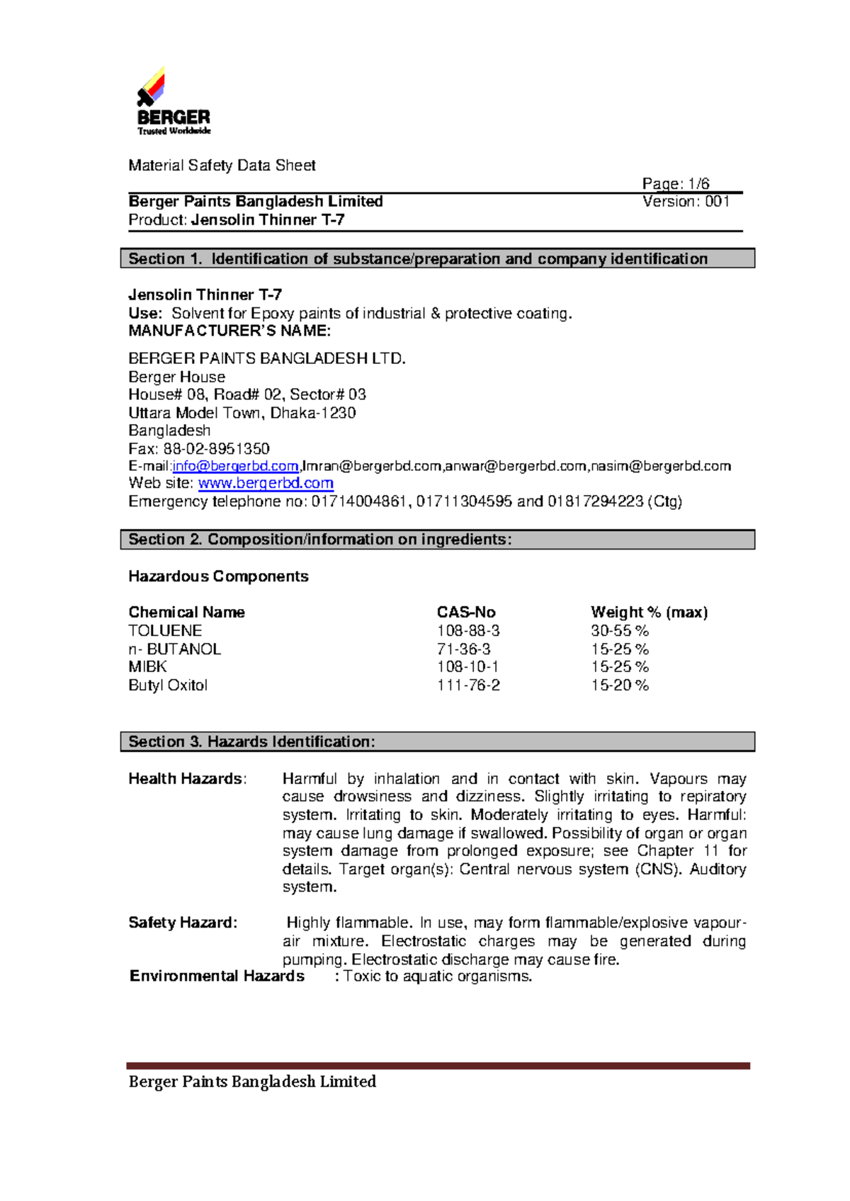 MSDS for Jensolin Thinner T-7 - Safety & Hazard Data - Studocu
