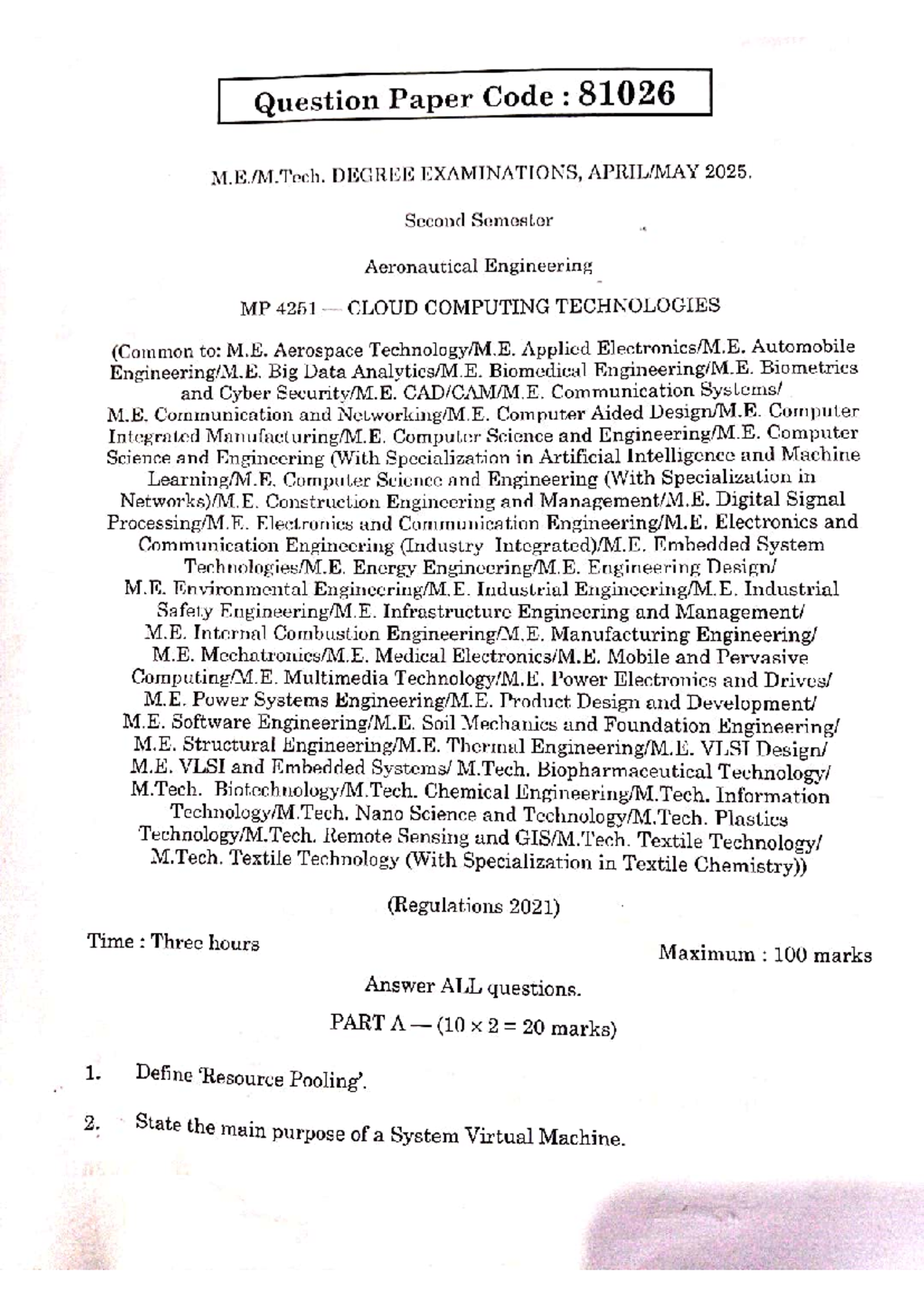 CCT MP 4251 - SEM 2 Question Paper on Cloud Computing Tech 2025 - Studocu