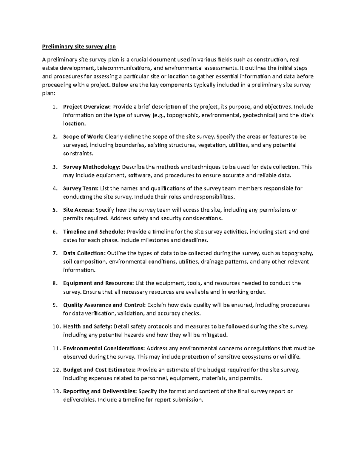 Preliminary SITE Survey Plan Notes: Key Components & Procedures - Studocu