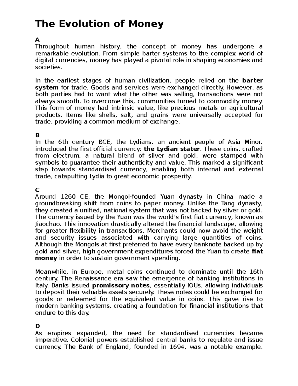 The Evolution of Money: A Comprehensive Study - ENG 101 Notes - Studocu