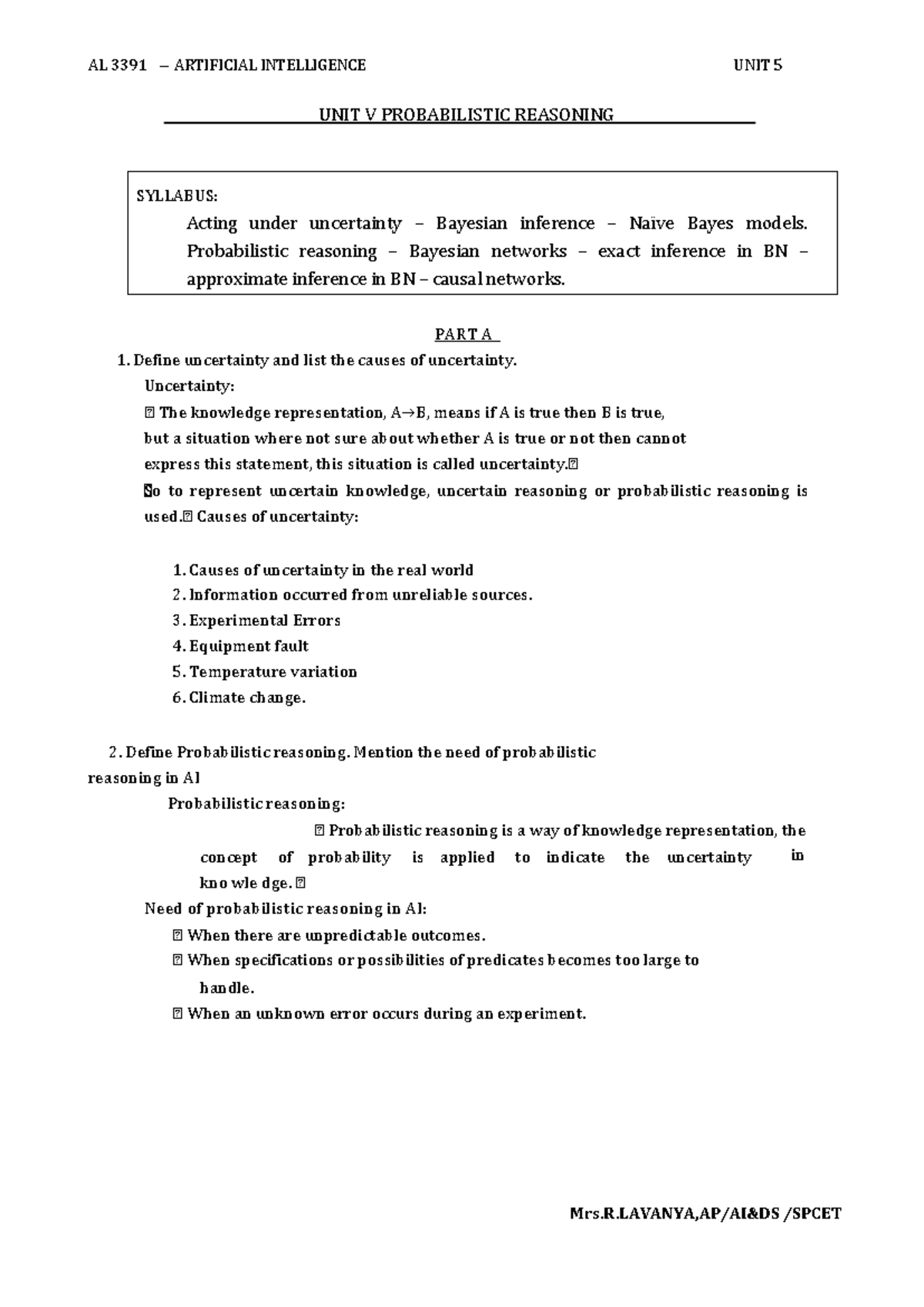 AL3391 - Artificial Intelligence: UNIT 5 Overview on Uncertainty & Probabilistic Reasoning - Studocu
