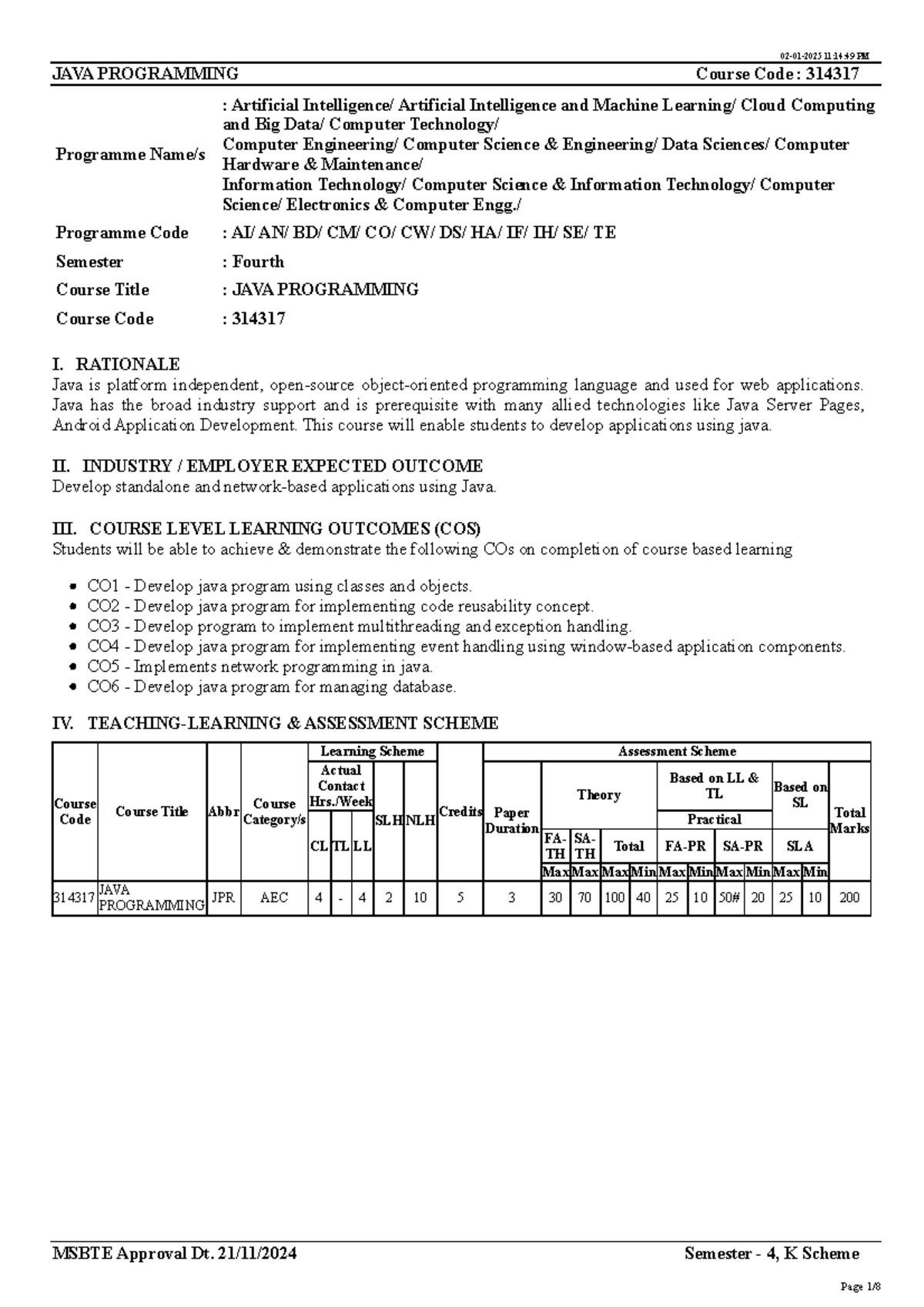 314317-JAVA Programming Course Overview and Learning Outcomes - Studocu