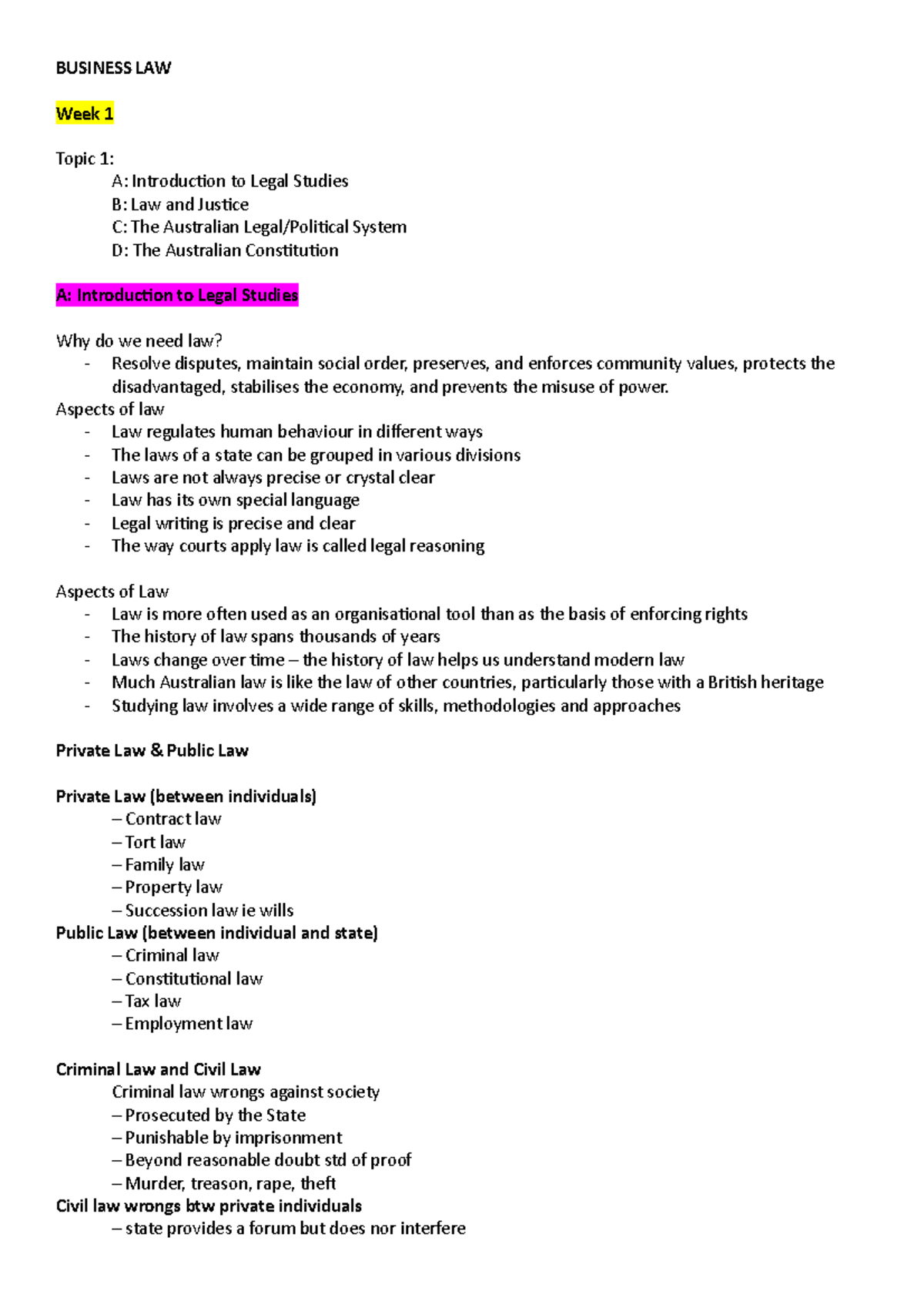Business Law Overview: Key Concepts & Australian Legal System Notes ...