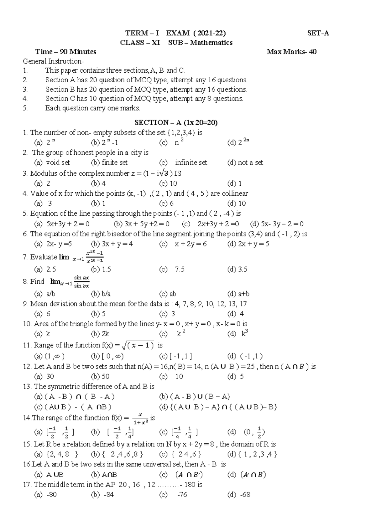 CLASS XI MATHEMATICS TERM I EXAM QUESTION PAPER SET A - Studocu