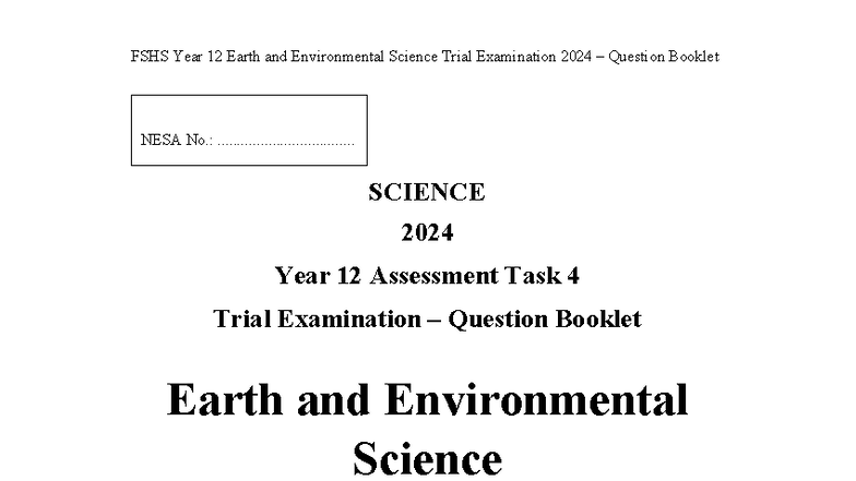 FSHS Year 12 Earth and Environmental Science Trial Exam 2024 Practice ...