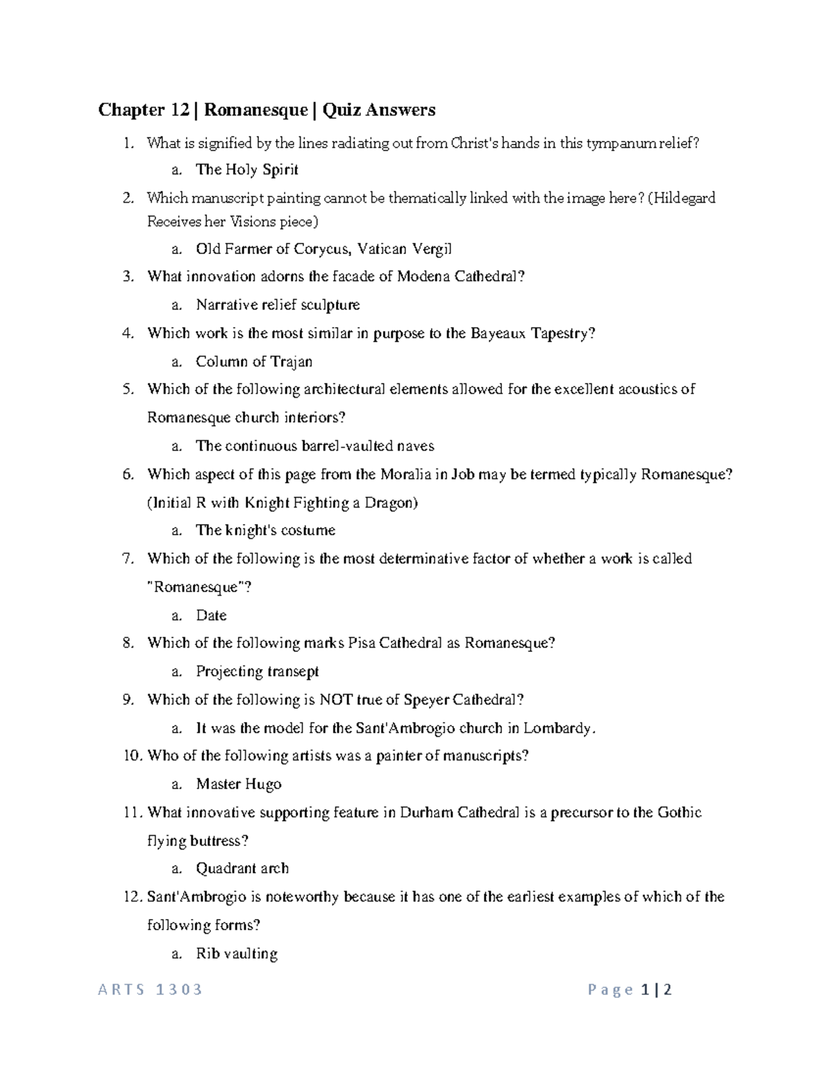 ART-1303 Romanesque Chapter 12 Quiz Answers and Insights - Studocu
