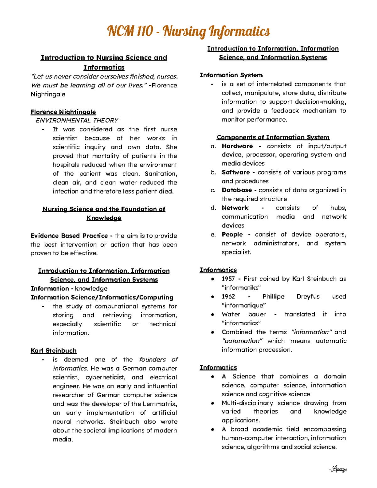 Nursing Informatics Midterm Study Notes: Key Concepts & Theories - Studocu