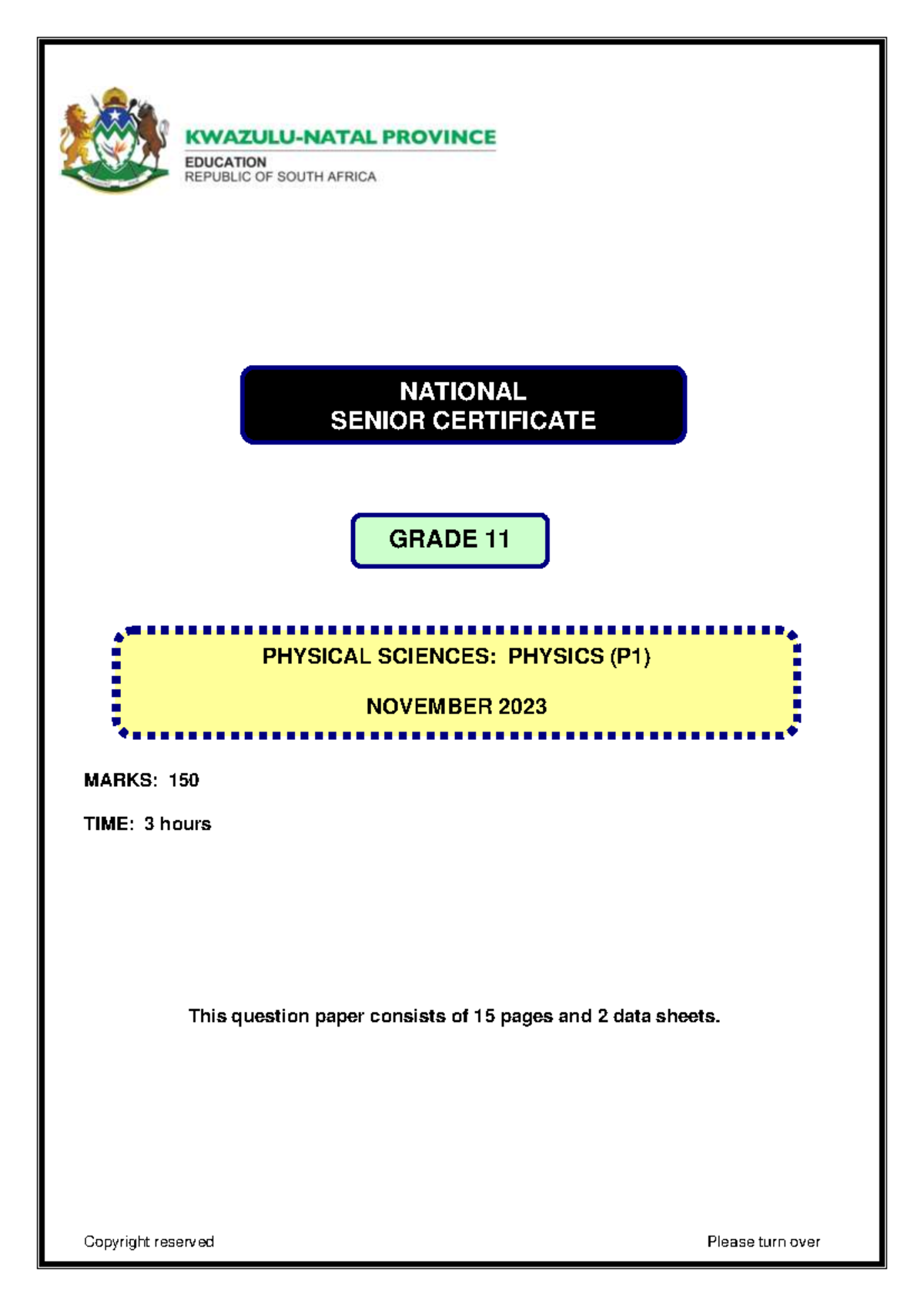Grade 11 Physical Sciences P1 November 2023 Examination Paper - Studocu