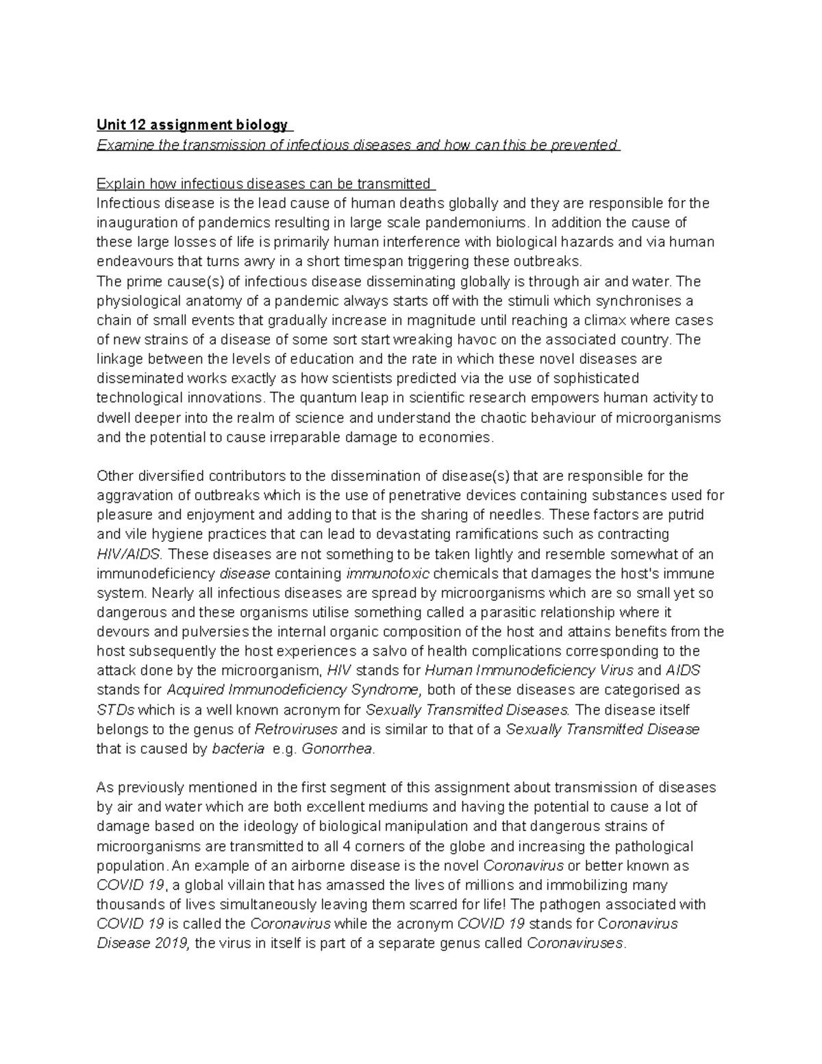 Unit 12 .2 assignment - Unit 12 assignment biology Examine the transmission of infectious ...